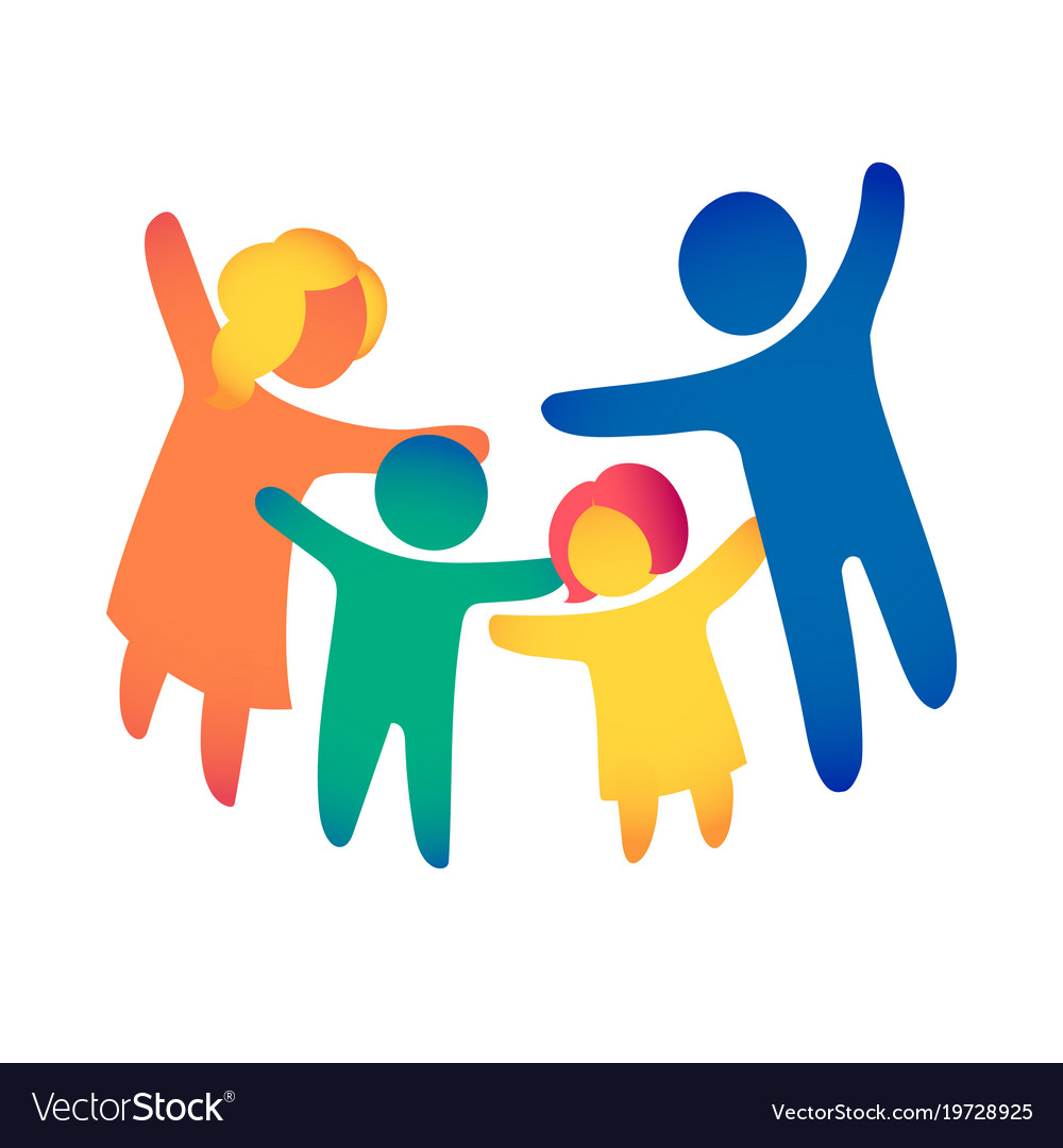 Happy family icon multicolored in simple figures. Two children, dad and ...